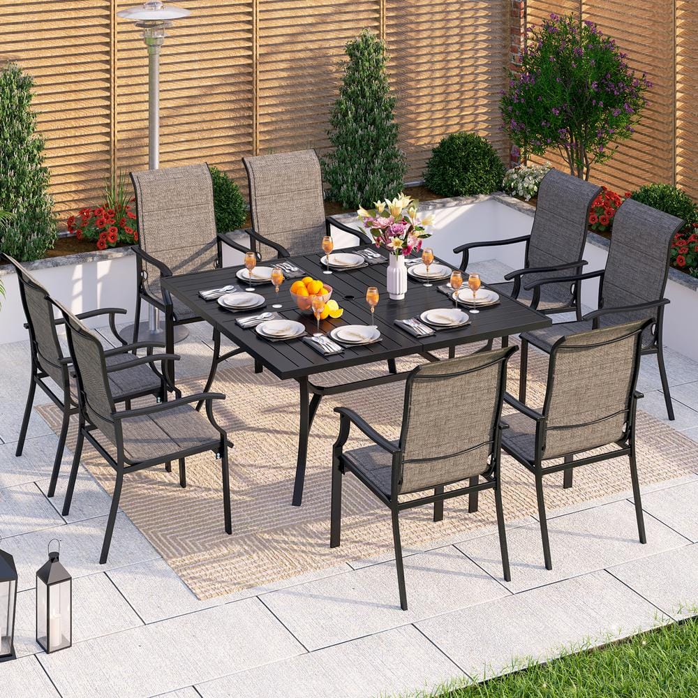 PHI VILLA Black 9-Piece Metal Patio Outdoor Dining Set with Slat Square ...