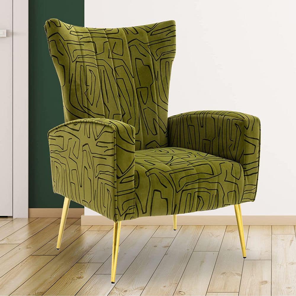 HOMEFUN Olive Green With Pattern Velvet Wingback Chair (Set of 1 ...