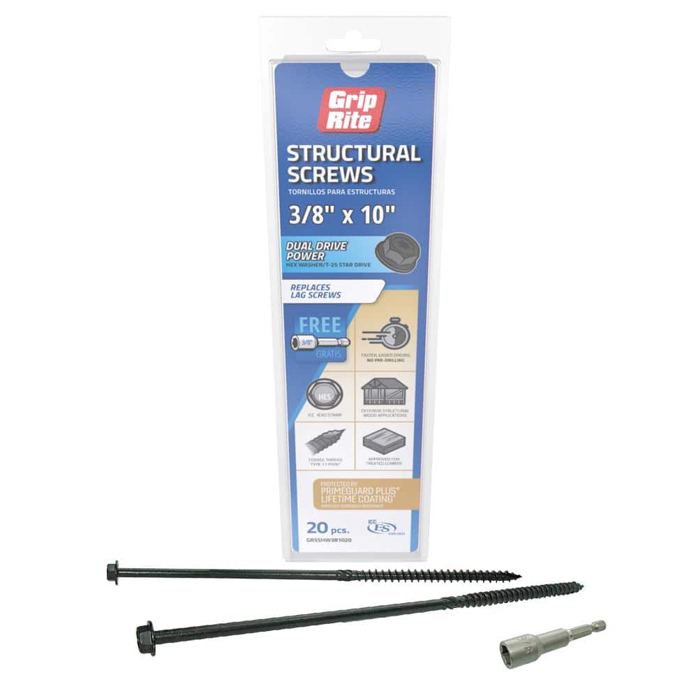 Grip-Rite 3/8 in. x 10 in. Dual Drive Washer Head Structural Screws 20 ...