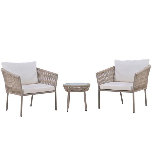 URTR 3-Piece Luxury Beige Woven Rope Metal Outdoor Bistro Set Round ...