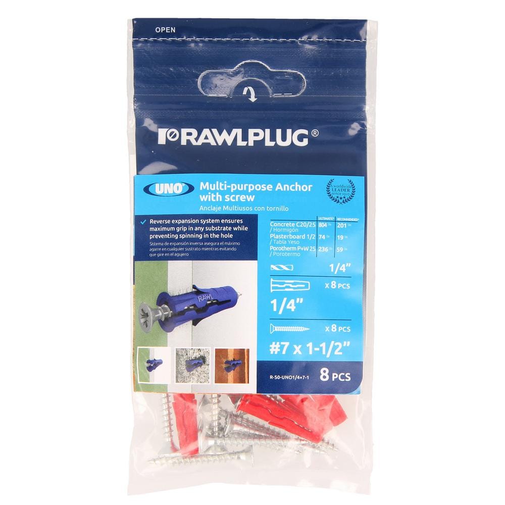 RAWLPLUG Uno Multi-Purpose Drywall Anchors 1/4 with Screws #8 x 1-3/4 ...