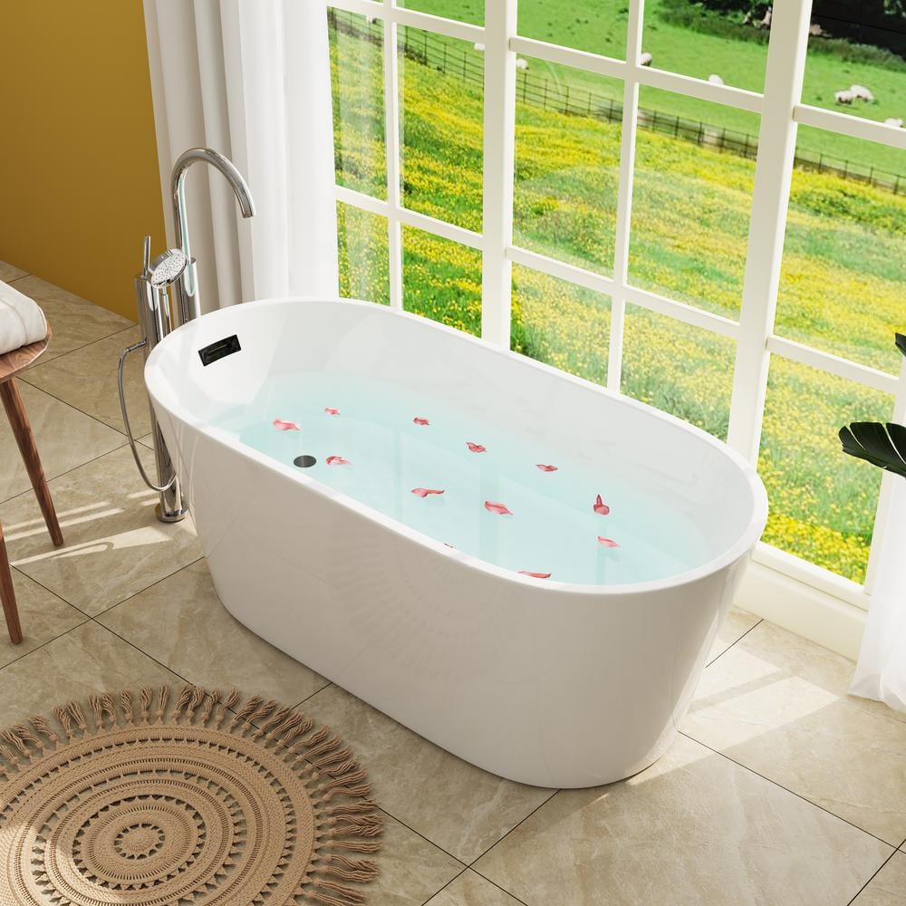 HOROW 59 in. x 27.6 in. Soaking Bathtub with Side Drain in White/Matte ...