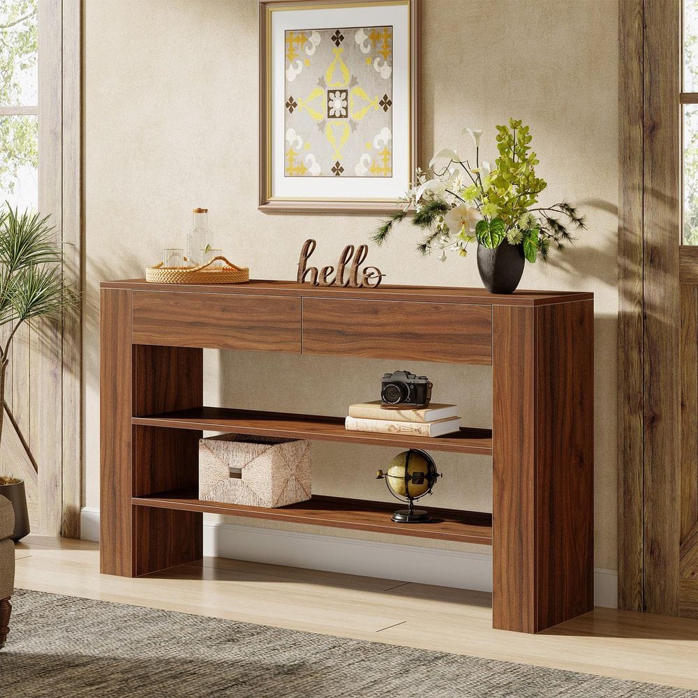 BYBLIGHT 53 in. Brown Rectangle Wood Console Table with Drawers, Modern ...