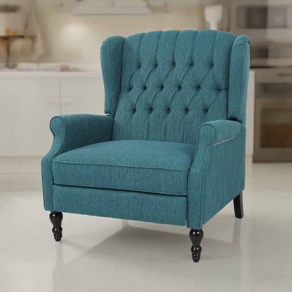 Benjara Jade Teal and Brown Fabric Glider Recliner Chair with Tufted ...