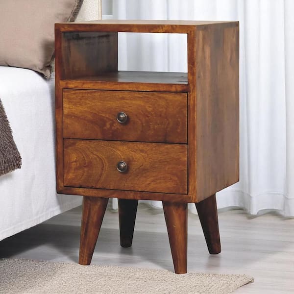 Noble House Csenge Chestnut 2-Drawer Solid Wood Cube Nightstand with 1 ...