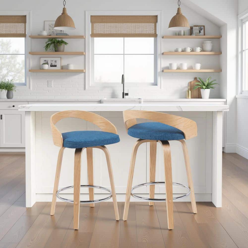 Armen Living Sonia 31 in. H Blue / Oak Open Back Wood Bar Stool with ...