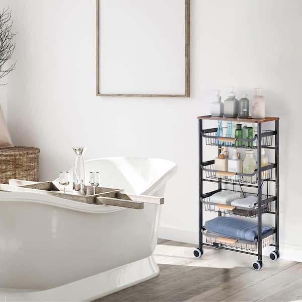 Tileon Black 5-Tier Rolling Cart with Storage Baskets, Metal Kitchen ...