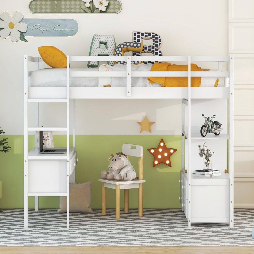 Qualler White Twin Wood Loft Bed with Drawers and Shelves FSULWM327K ...