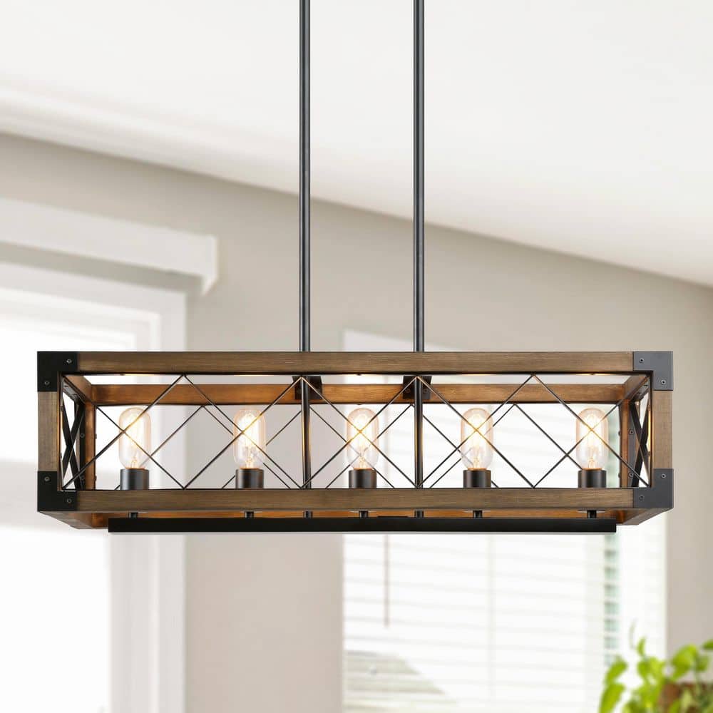 LNC Wood Kitchen Chandelier 5-Light Linear Farmhouse Black Island ...