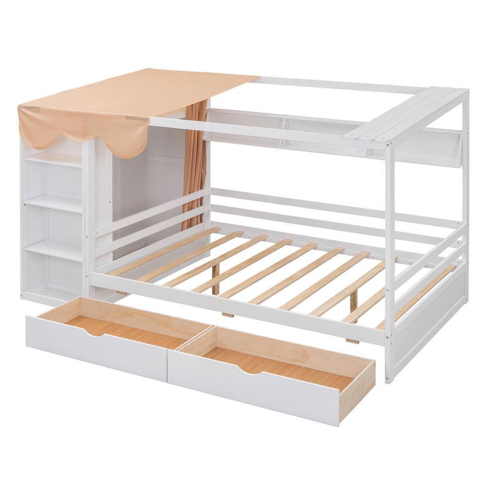 Qualler White Wood Frame Full Size Canopy Bed with Wardrobe and 2 ...