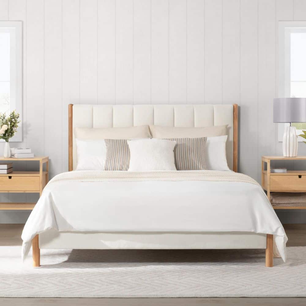 Spruce & Spring Luca White Wood Frame Full Upholstered Platform Bed Mid ...