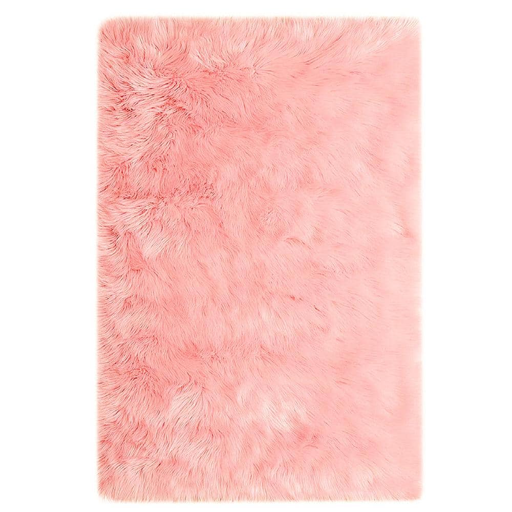 GHOUSE Light Pink 4 ft. x 6 ft. Silky Faux Fur Sheepskin Shag Fluffy ...