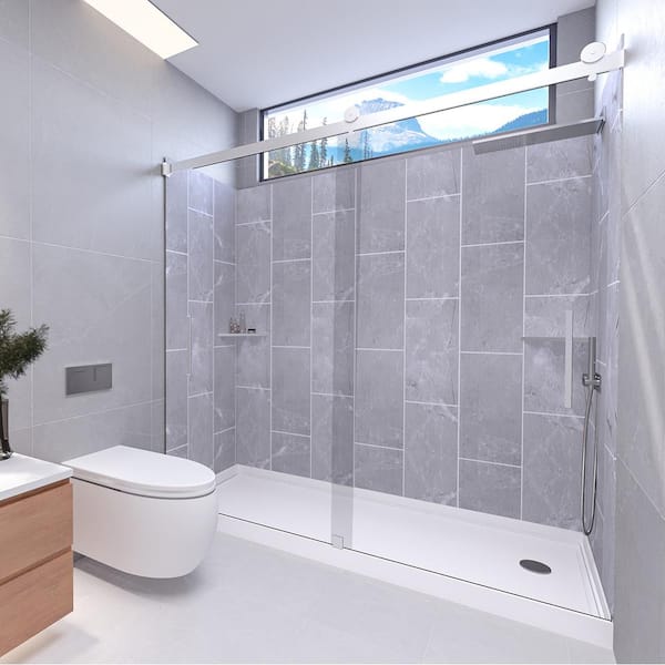 NuVo Platinum Grey-Tetherow 60 in. x 32 in. x 83 in. Base/Wall/Door Concealed Base Alcove Shower ...