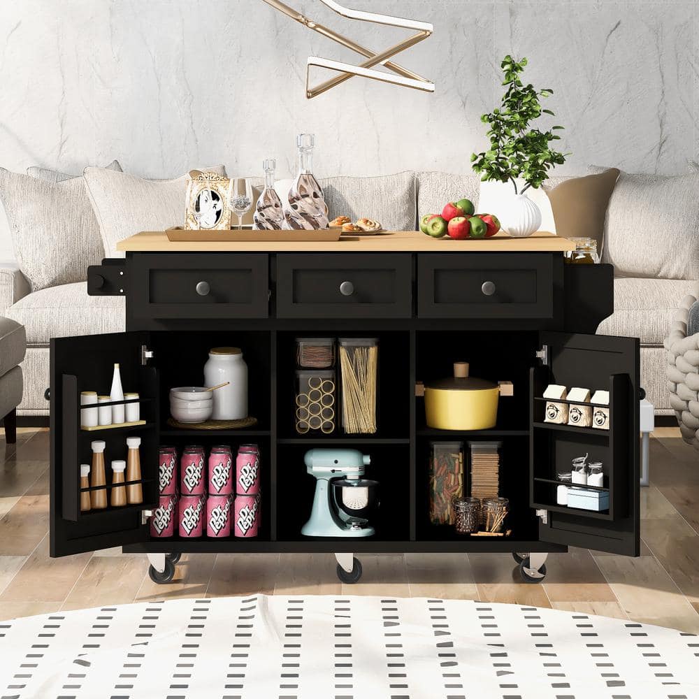 Runesay Black Rubberwood Drop-Leaf Countertop 53.1 in. Kitchen Island ...
