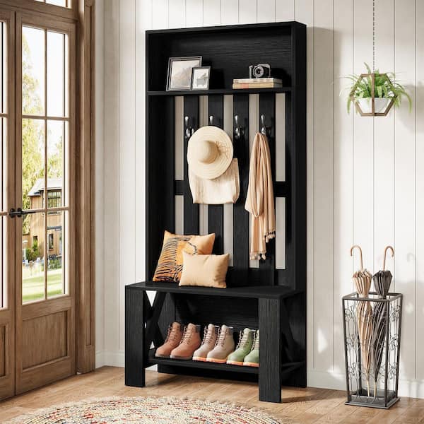BYBLIGHT Black Engineered Wood Hall Tree with Shoe Storage and 4 Hooks ...