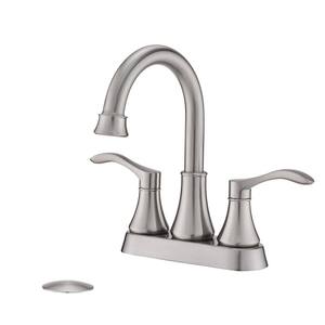 WOWOW 4 in. Centerset Double Handle High Arc Bathroom Faucet with Drain Kit Included in Brushed ...