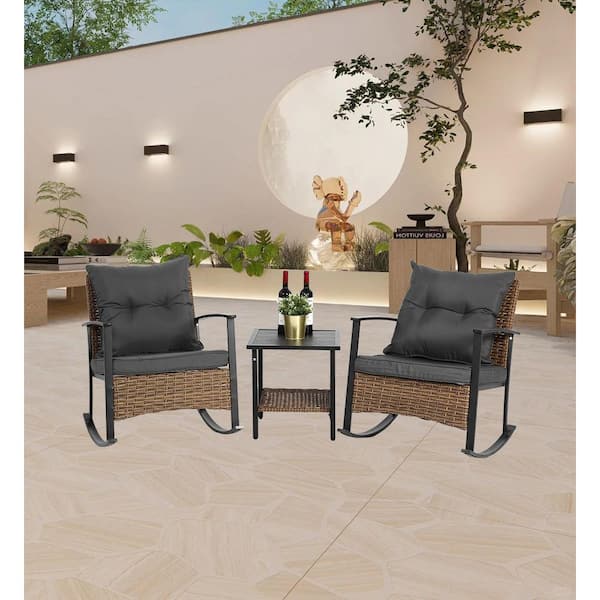 3 Pieces Wicker Rocking Chairs for Outdoors, Patio Chat Sets with Gray ...
