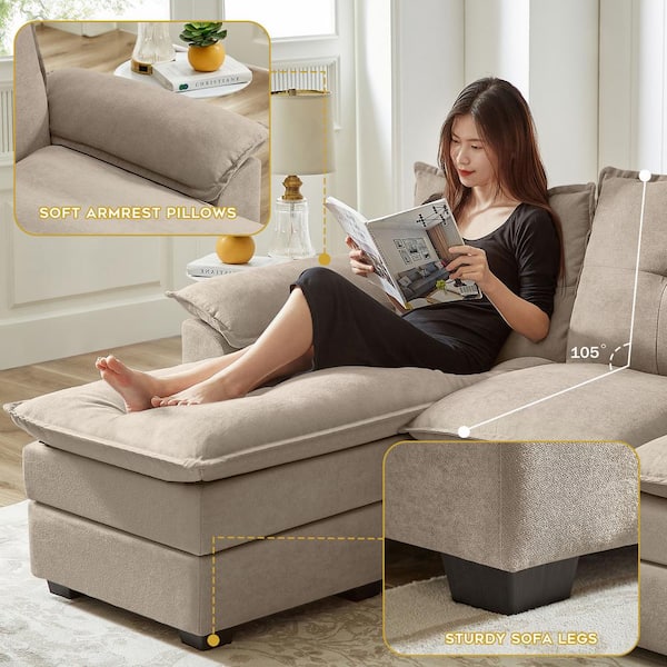 3 Pieces Beige Fabric Living Room Sets with 82.28 in. L Shaped Sectional Sofa and Chair