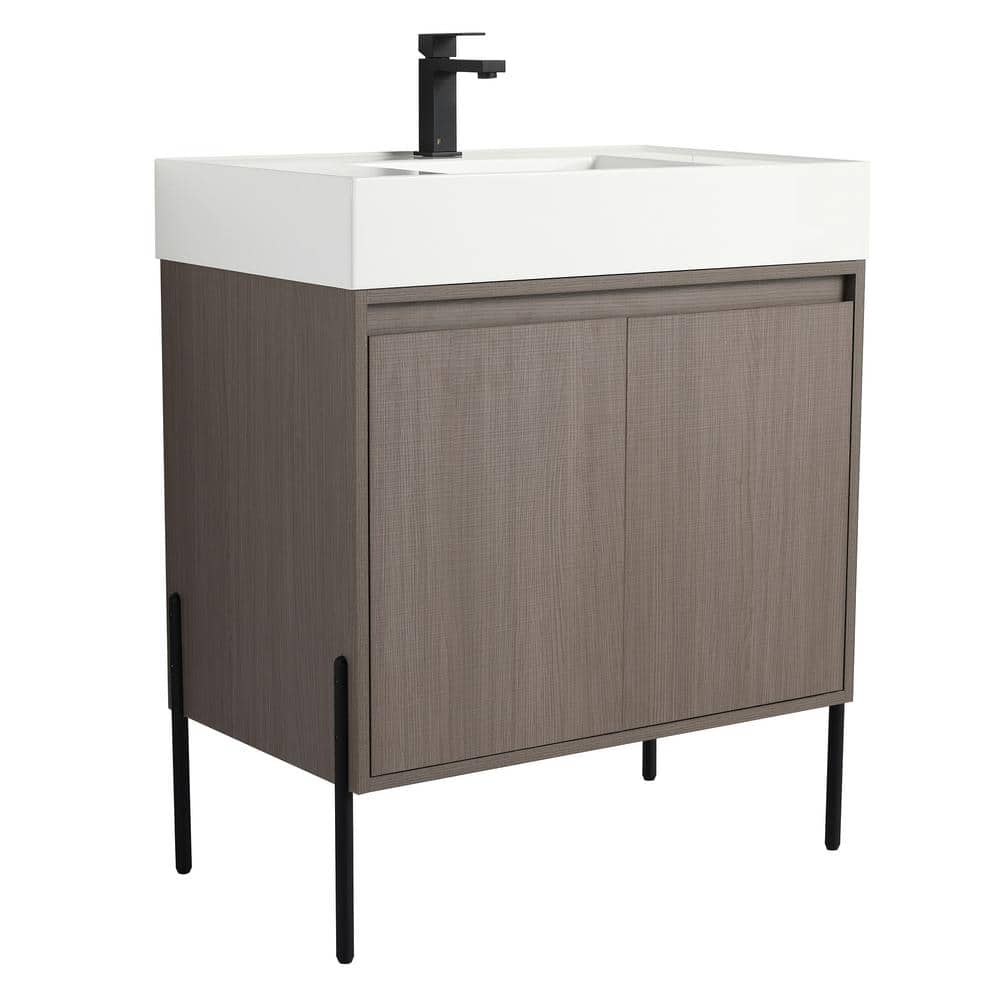 Fine Fixtures Crownpoint 30 in. Freestanding Single Gray Oak Bathroom Vanity with White Acrylic ...