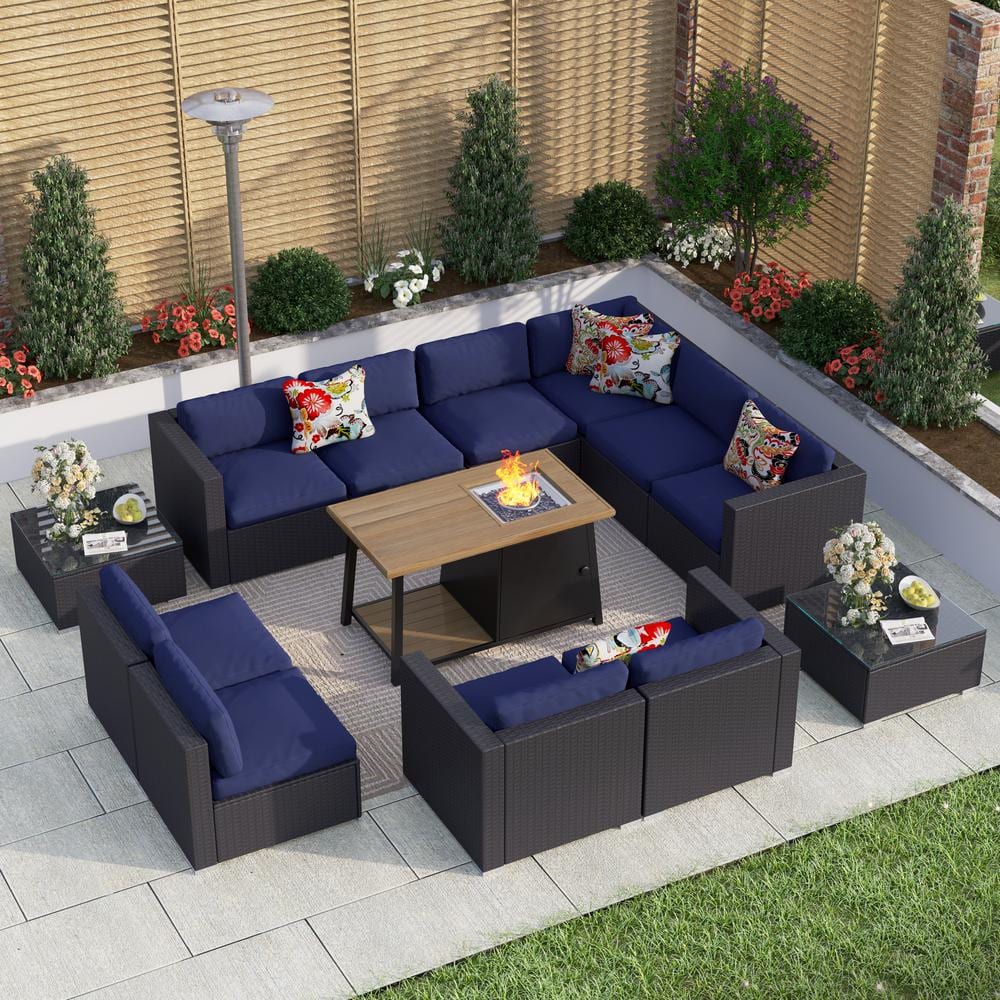 PHI VILLA Dark Brown Rattan Wicker 10 Seat 13-Piece Steel Outdoor Fire ...