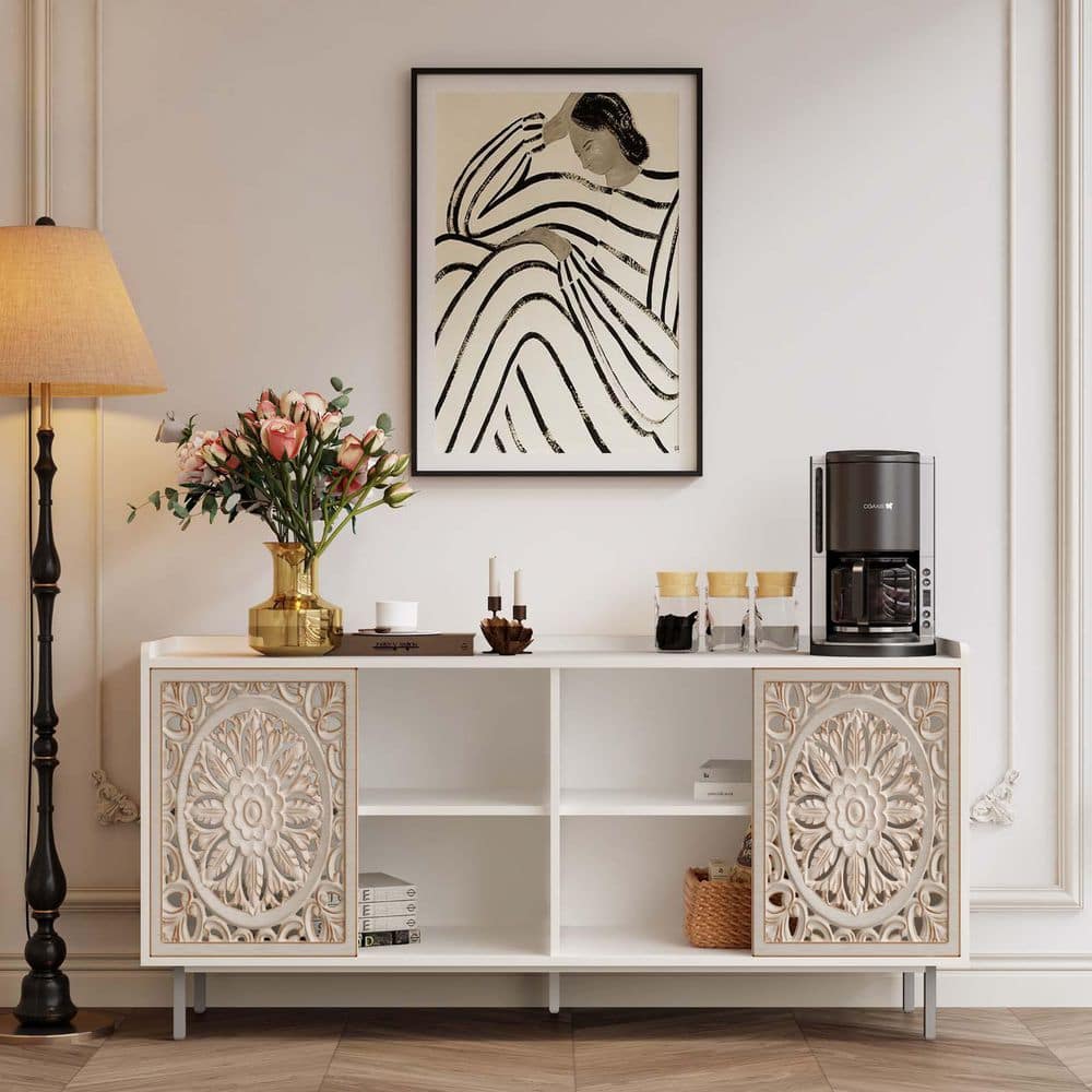 White Wood 58.6 in. 2 Carved Sliding Doors Buffet Sideboard, Decorative ...