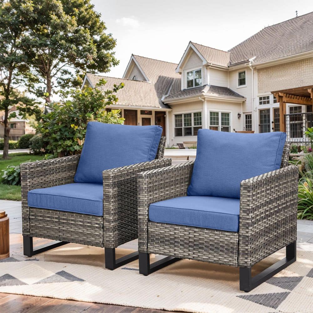 moosprr U-Frame Patio Gray Wicker Outdoor Lounge Chair with Blue Cushions (2-Pack) MS063-1 - The ...