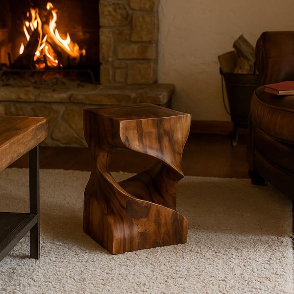 Liv & Skye 12 in. Brown Rectangle Suar Wood Twisted End Table 19148 ...