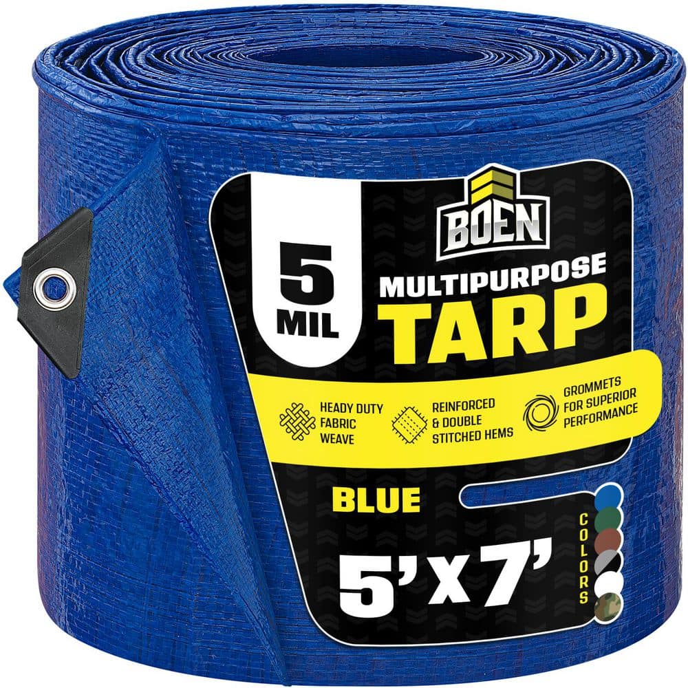 BOEN 5 ft. x 7 ft. Multi-Purpose Blue Poly Tarp Cover 5 Mil Thick Weave ...