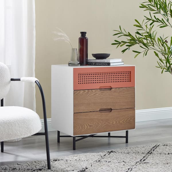 Art Leon Emy 3-Drawer White and Orange Red Nightstand 23.25 in. H x 22. ...