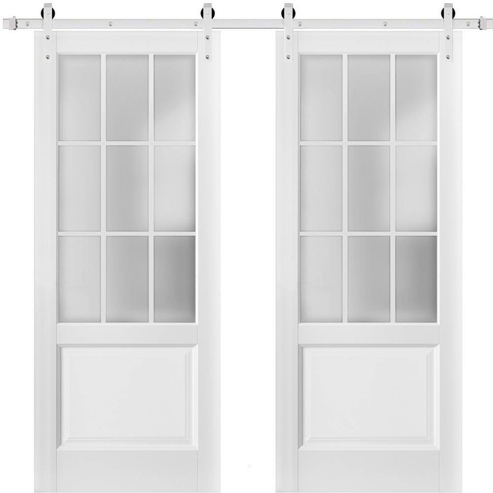 Sartodoors 18 in. x 84 in. 2 Panel Frosted Glass White Solid Wood Sliding Barn Door with ...