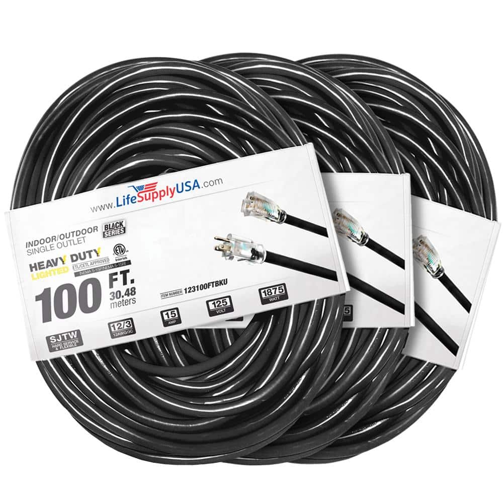 LifeSupplyUSA 100 ft. 12-Gauge/3-Conductors SJTW Indoor/Outdoor ...