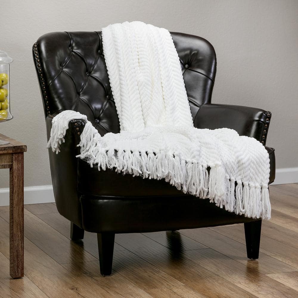 CHANASYA Textured Knit White Acrylic Polyester Throw Blanket with ...