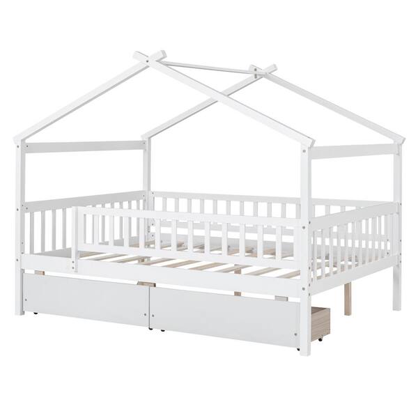 Harper And Bright Designs White Full Size Wood House Bed With 2 Drawers