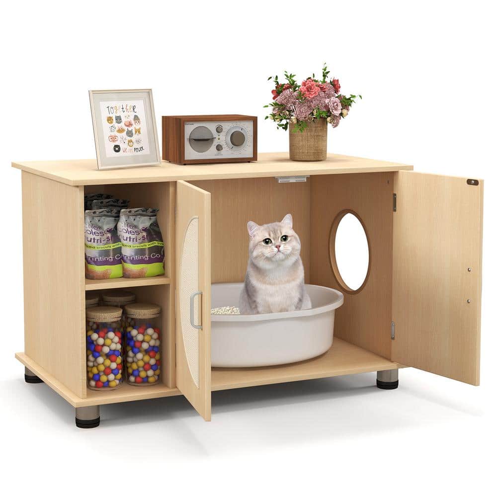 ANGELES HOME Wood Cat Litter Box Enclosure with Sisal Scratching Doors ...