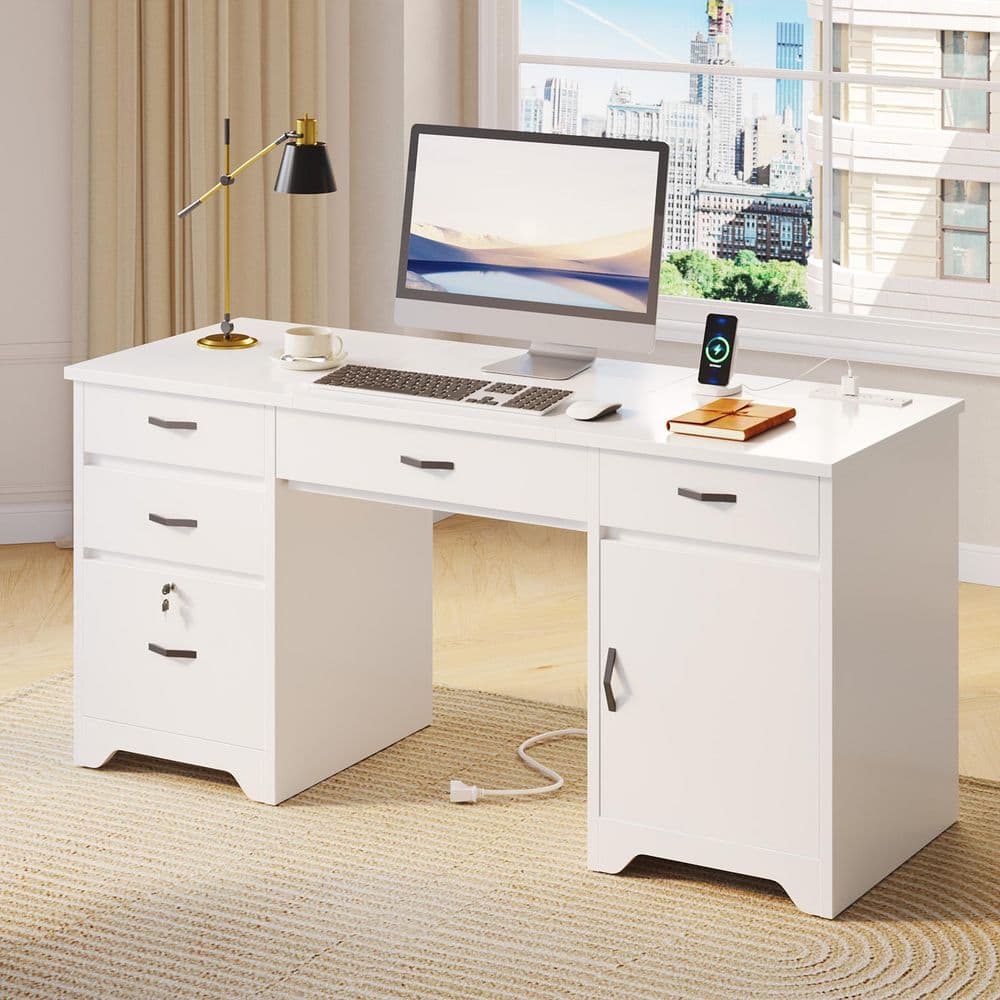 Bestier 59 in. Rectangular White Executive Desk with Lockable File ...
