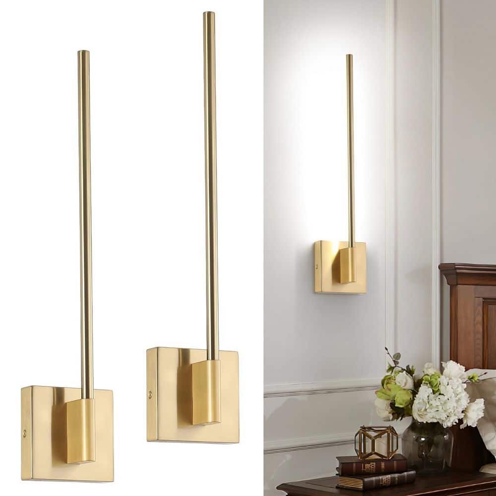 JUSHENG 22 in. 1-Light Brass Hardwire Dimmable LED Wall Sconce, 2-Pack ...