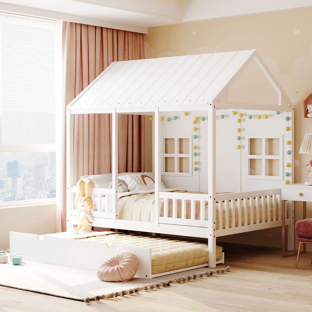 Harper & Bright Designs White Full Size Wood House Bed with Twin Size ...