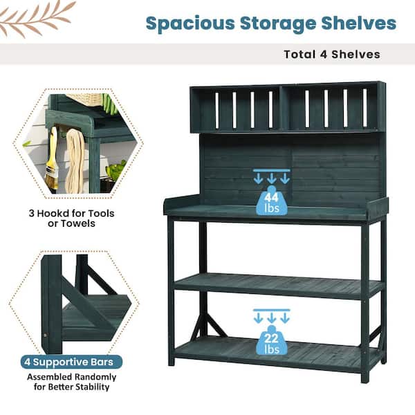 Forest Green Fir Wood Patio Workstation with 4 Storage Shelves and Side ...