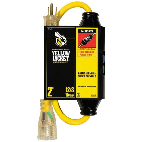 Yellow Jacket 2 ft. 12/3 SJTW In-Line GFCI Heavy-Duty Cord with Power ...