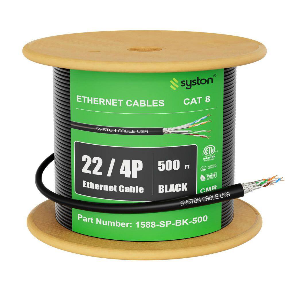 Syston Cable Technology 500 ft. Black Cat 8 CMR 22 AWG Ethernet Cable Data Wire Bulk Raw ...