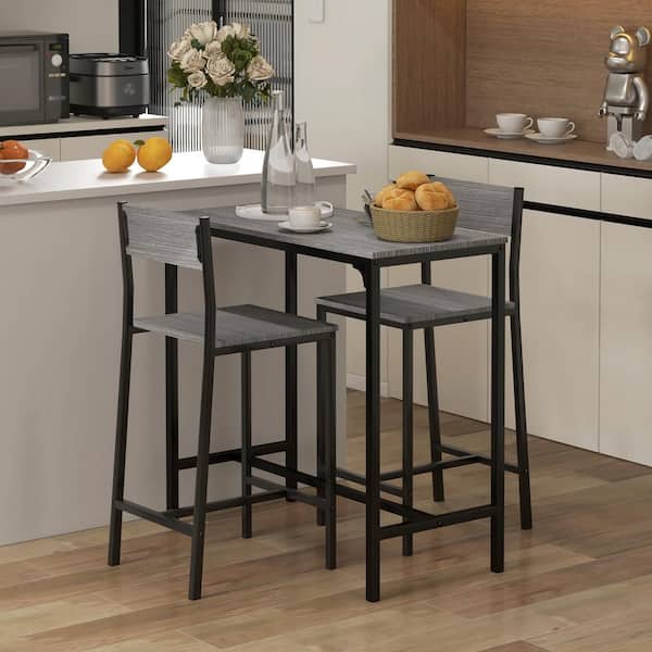 Gray 3 Piece Wood Outdoor Dining Set Counter Height Kitchen Table with Bar Stools Set for 2 for Small Space Living Room