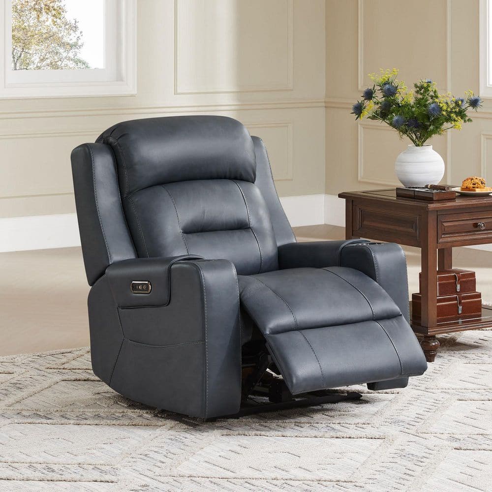 Spruce & Spring Finn Navy Genuine Leather Power Recliner Chair with ...