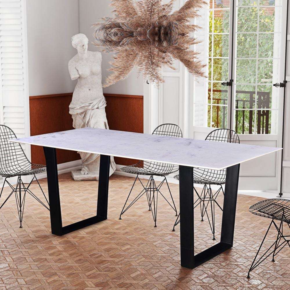 PRIMO INTERNATIONAL Juno 72 in. Marble Rectangle Dining Table w/ Black Metal Sled Base Seats 6 ...