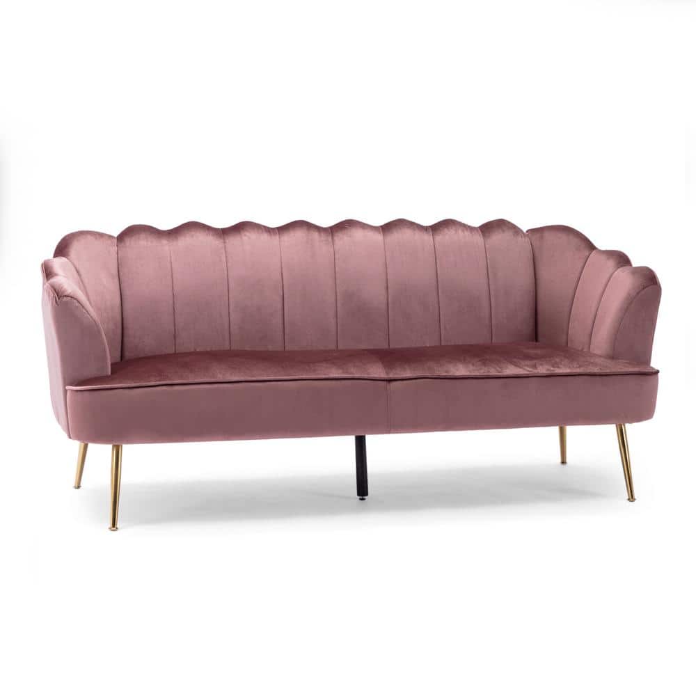 Noble House Thelen Velvet Channel Stitch 3 Seater Shell Sofa Blush Pink and Gold