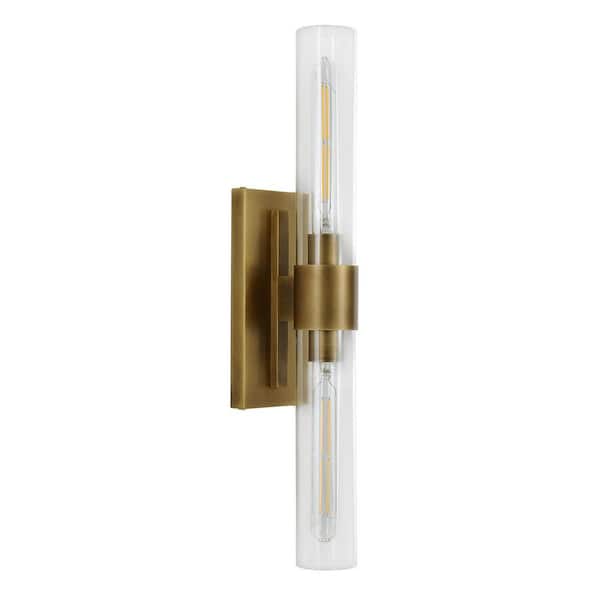 PUYRNF 23 in. 2-Light Hardwired Brass Dimmable Wall Sconce, with Glass ...