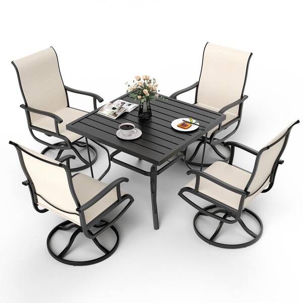PamaPic Beige 5-Piece Metal Outdoor Patio Dining Set with Square Table ...