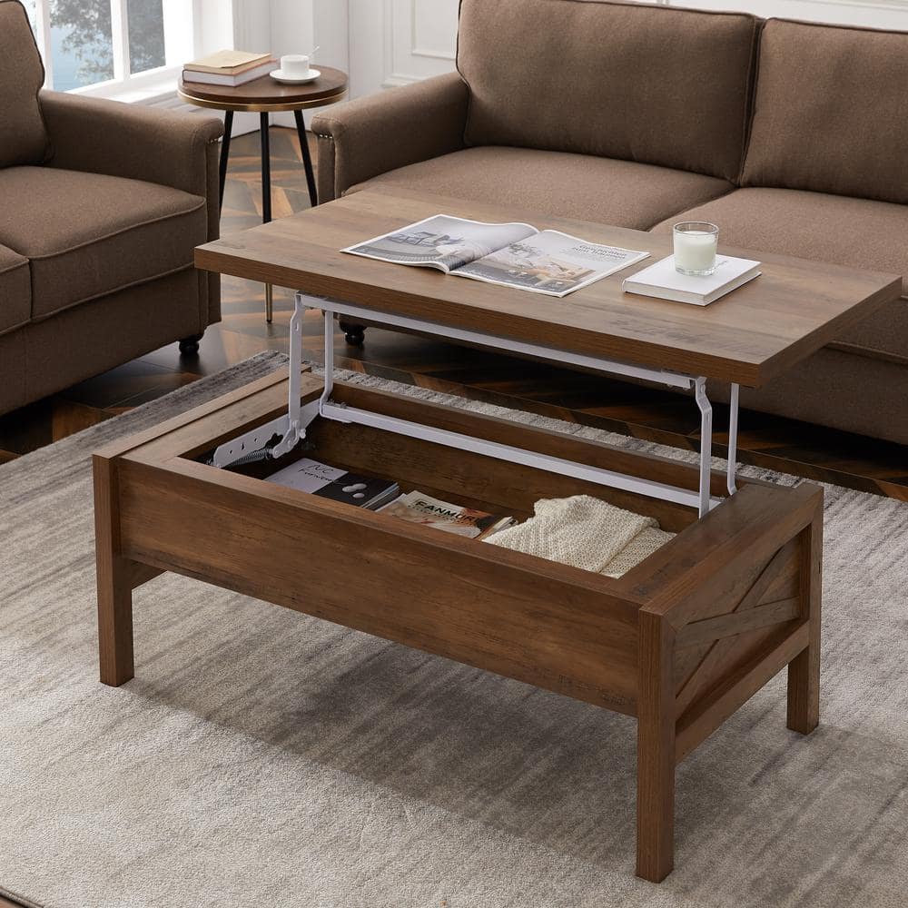 Reviews for KINWELL 43 in. Brown Rectangle Wood Coffee Table with Lift ...
