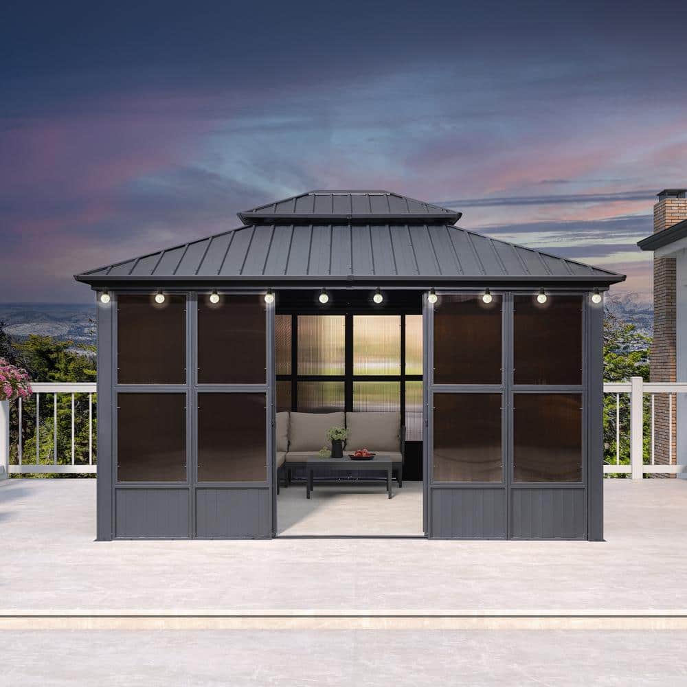 PURPLE LEAF 12ft. x 14ft. Patio Hardtop Gazebo Double Top PC Mesh ...