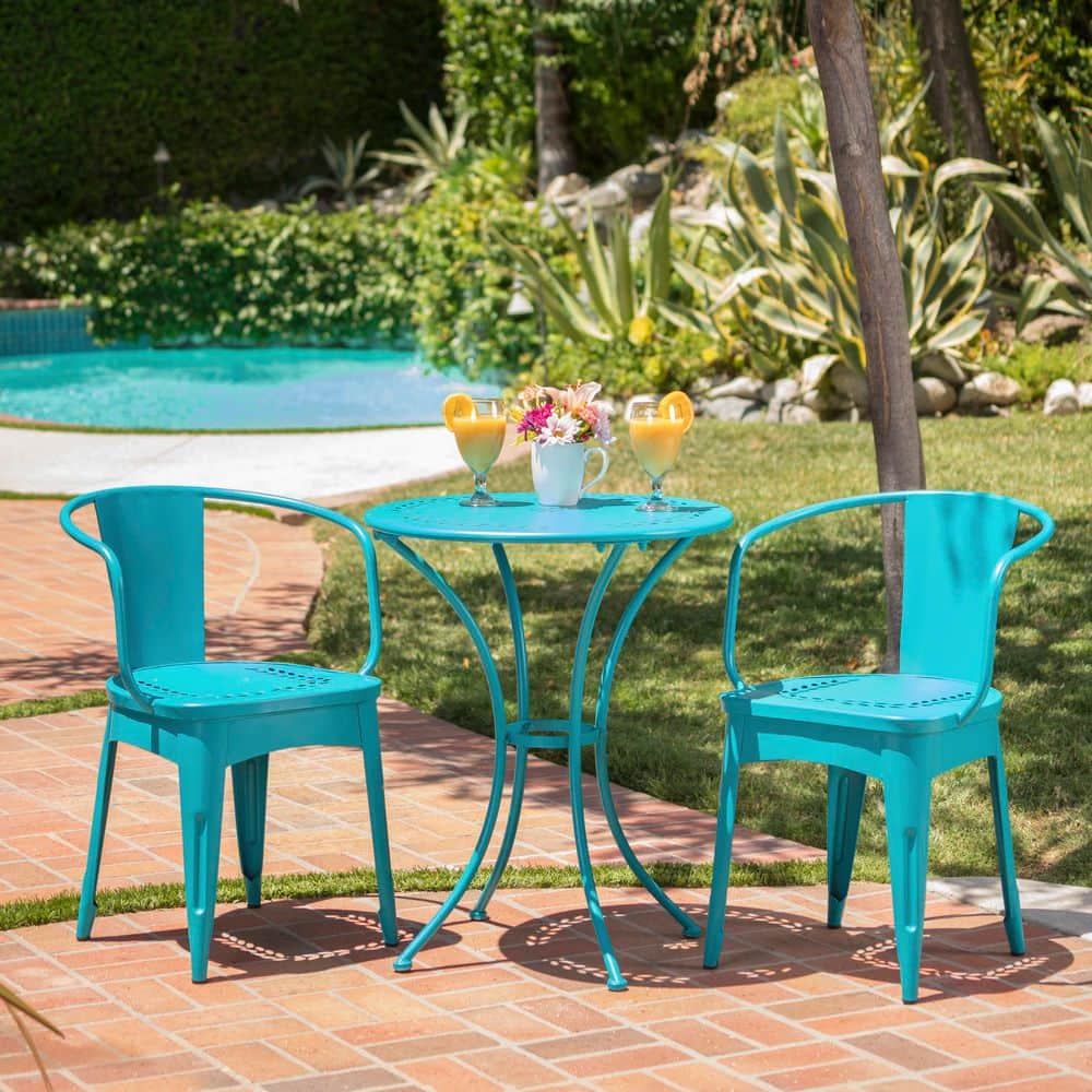 3-Piece Teal Iron Patio Outdoor Dining Set, Include 2 Chairs and 1 ...