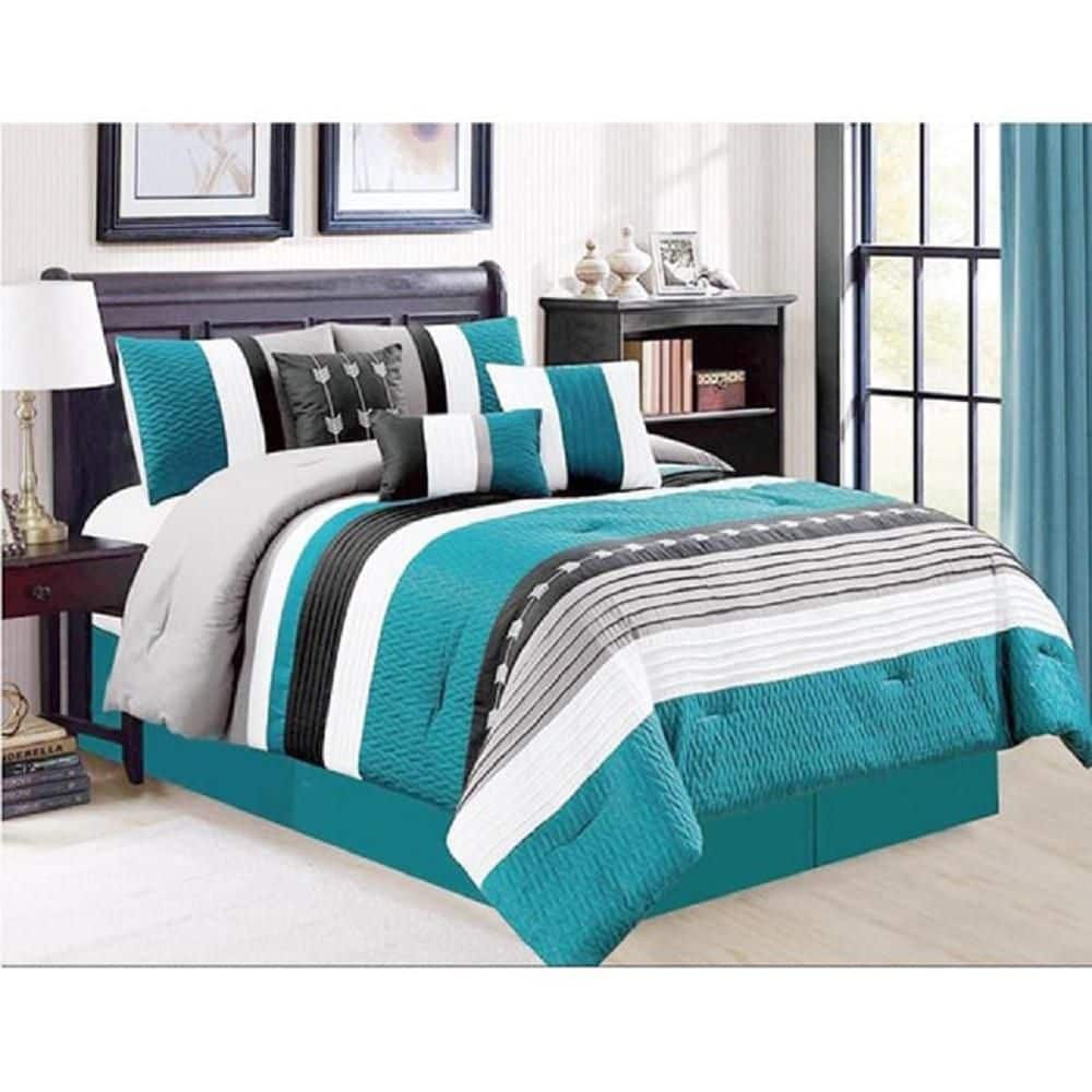 Shatex Polyester Teal Strips 7-piece Green Comforte Beddingr Set Queen ...